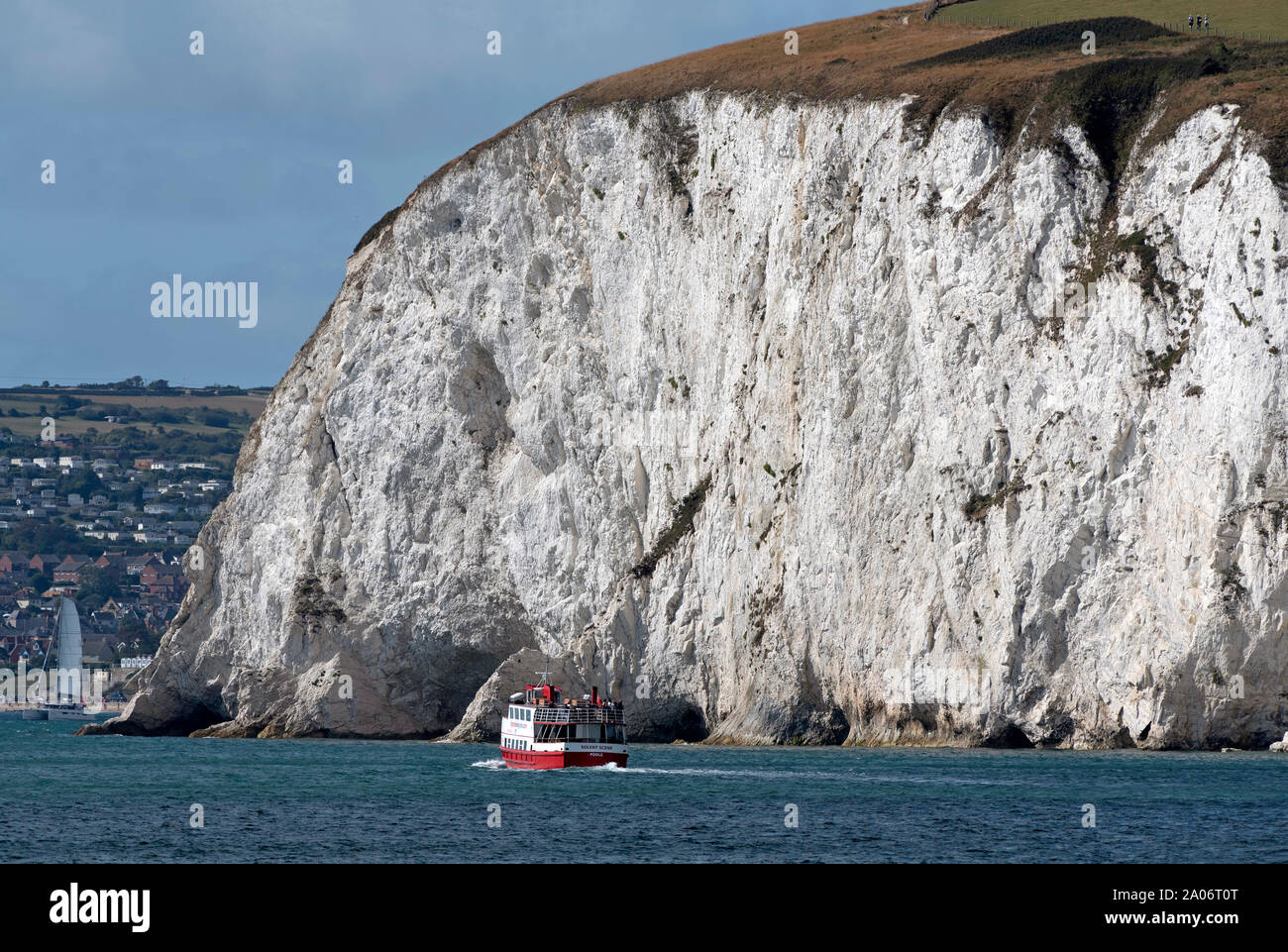Swanage, Dorset, England, UK. September 2019. White chalk cliffs of the ...