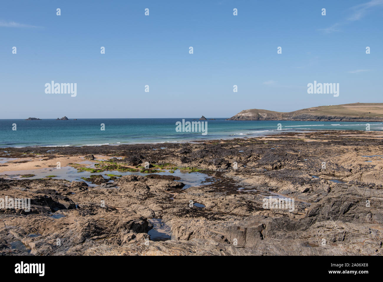 view to Trevose Head across Constantine Beach, North Cornwall, England ...