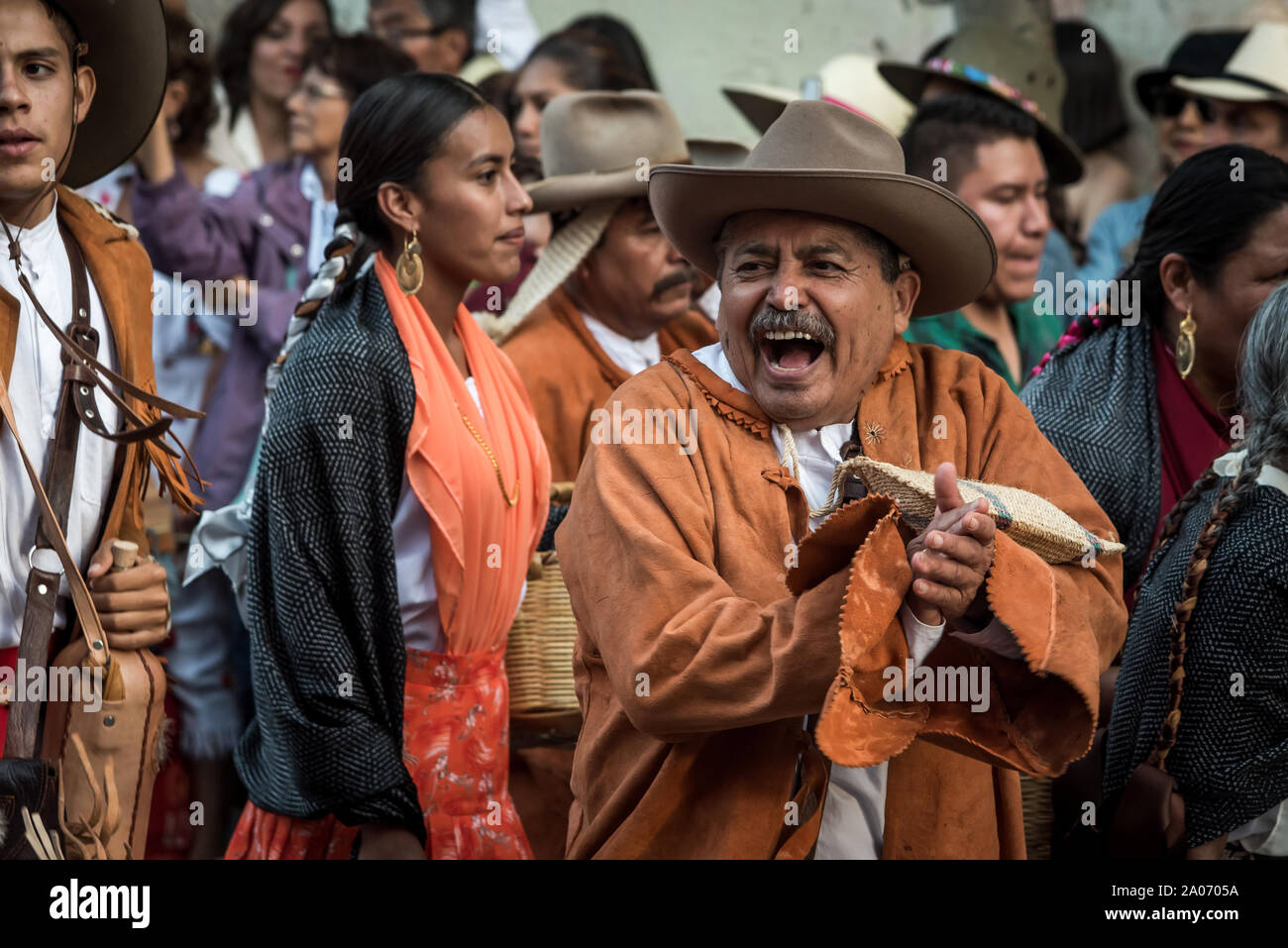 July 28, 2019: A group of Mexican men traditionally dressed in a parade ...