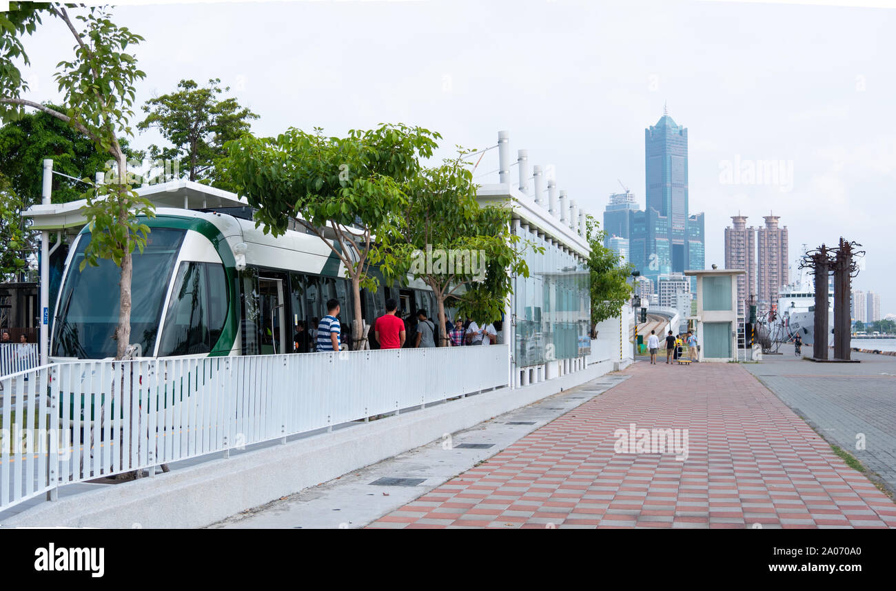 Kaohsiung, Taiwan: Kaohsiung light rail tram at station with people ...