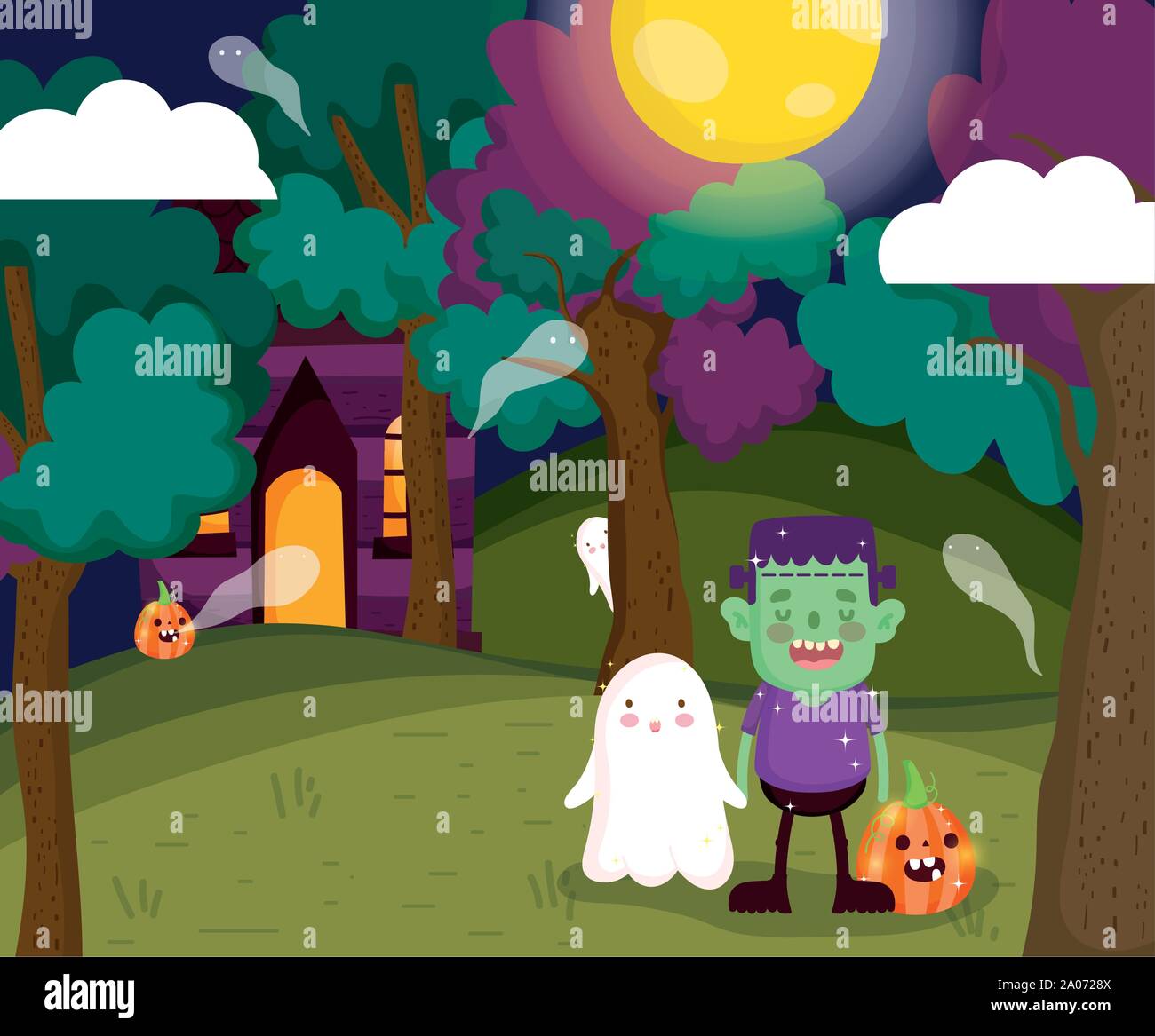 kids frankenstein ghost and pumpkin night moon costume trick or treat ...