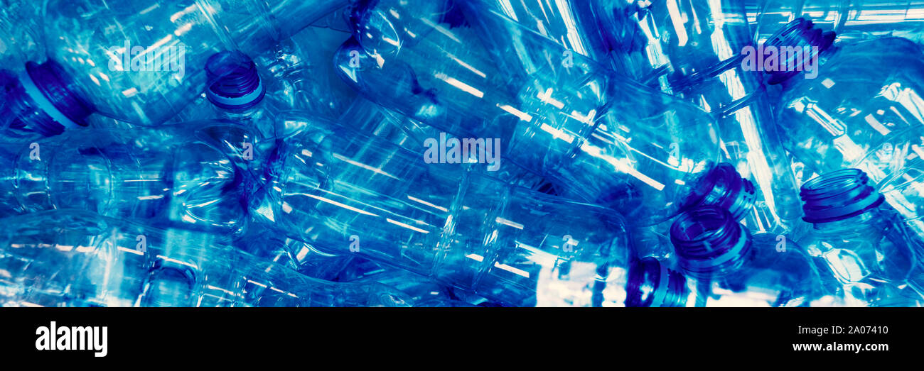 Many plastic bottles. Non recyclable material. Environment pollution ...