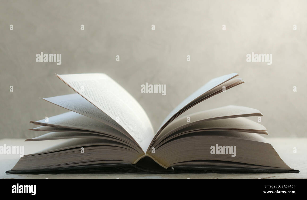 Open book on a gray background .Close-up Stock Photo - Alamy