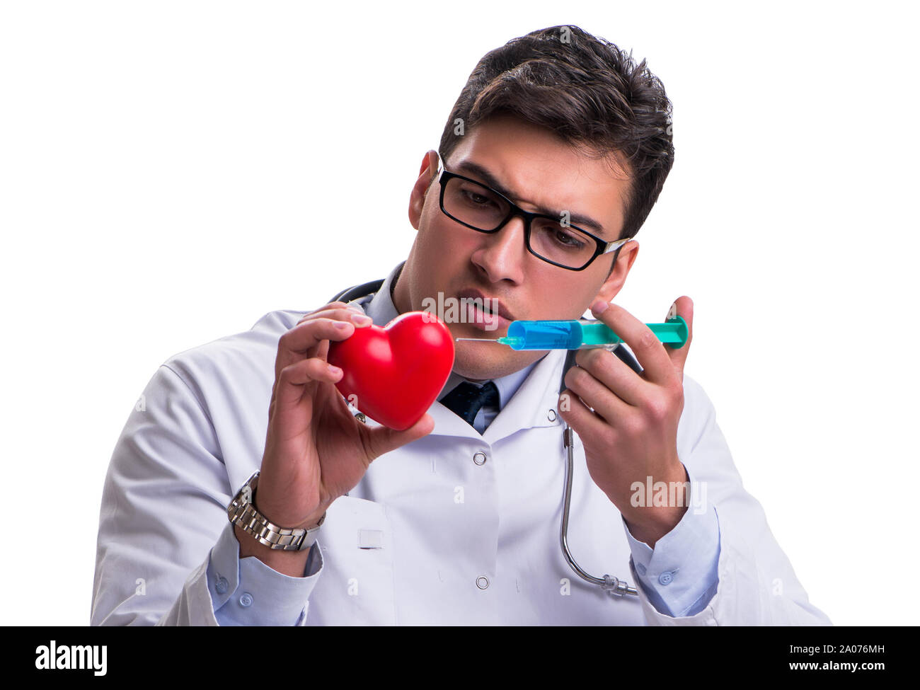 Young male cardiologist doctor holding a heart isolated on white ...