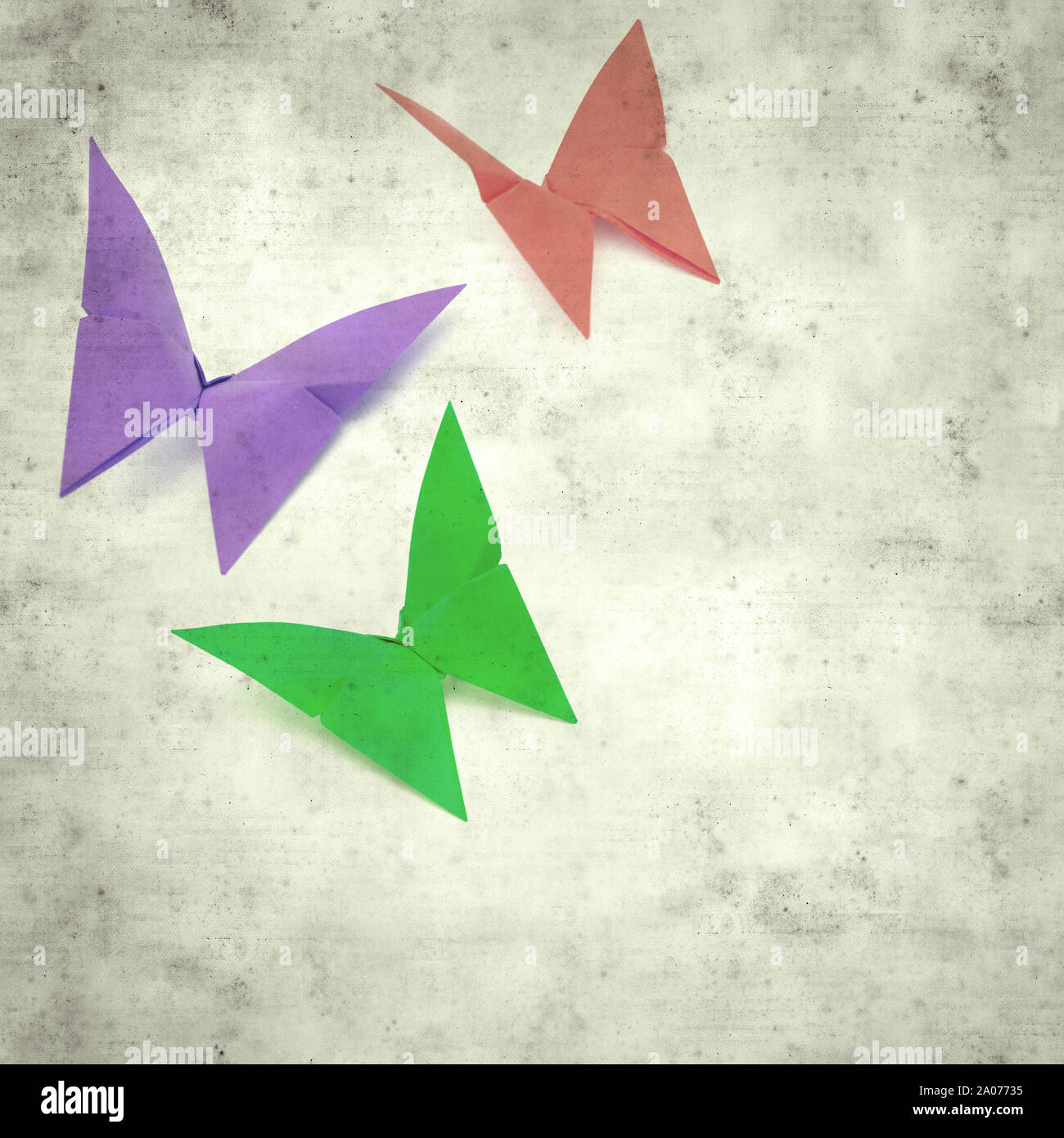 textured stylish old paper background, square, with origami butterfly ...