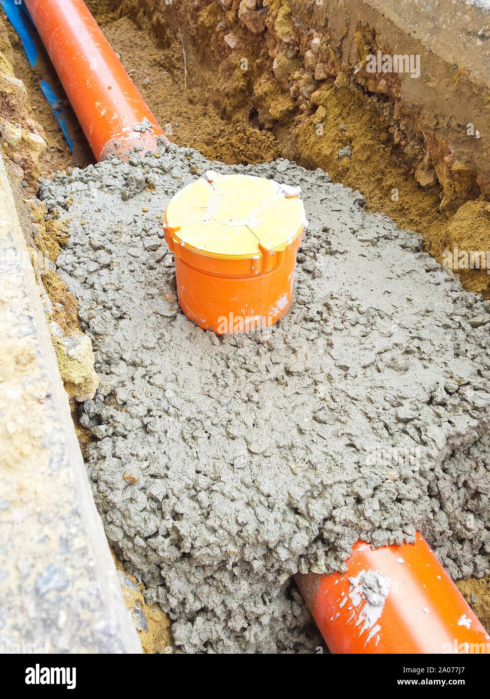 Inspection concrete manhole with screw cap during assembly in a italian ...