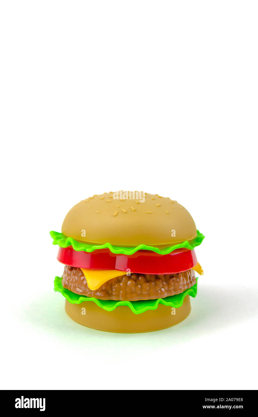 Fast food. A plastic hamburger Isolated Stock Photo - Alamy