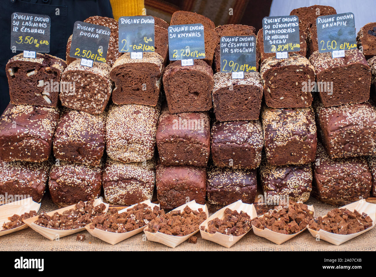 Assortment of different types of homemade rye cereals black bread in a ...