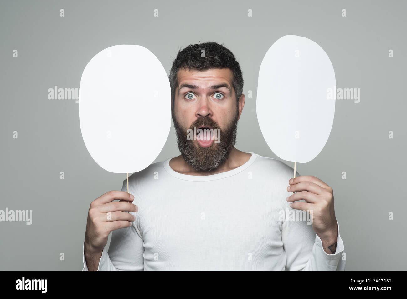 Barber fashion and beauty. Feeling and emotions. Man with long beard ...