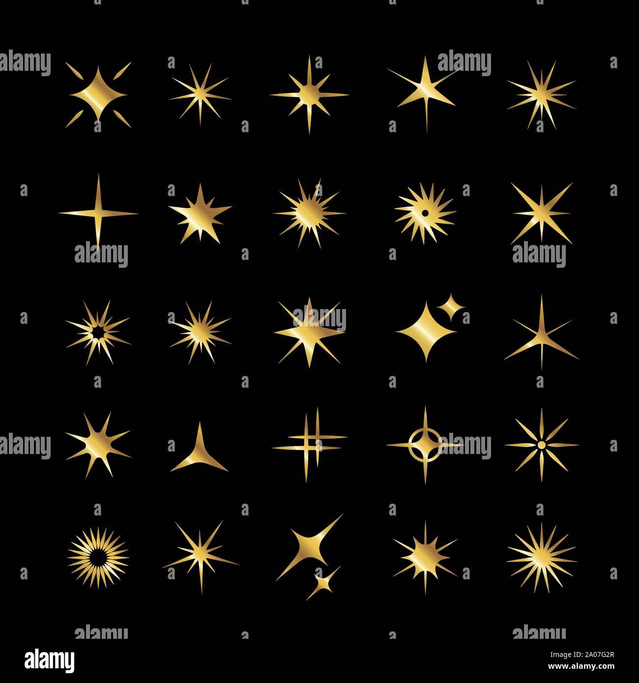Set of golden vector star, sparkle icons. Collection of bright fireworks, twinkles, shiny flash ...