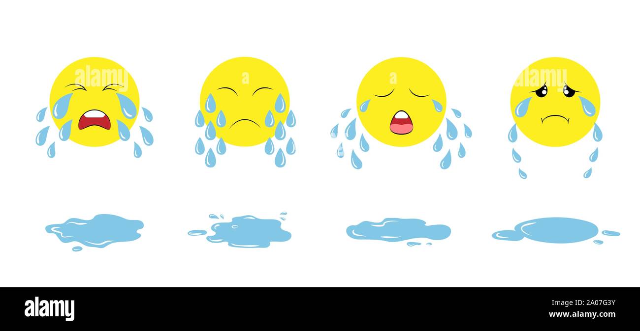 Set of cartoon crying emoji faces with tear drops and puddles. Weeping ...