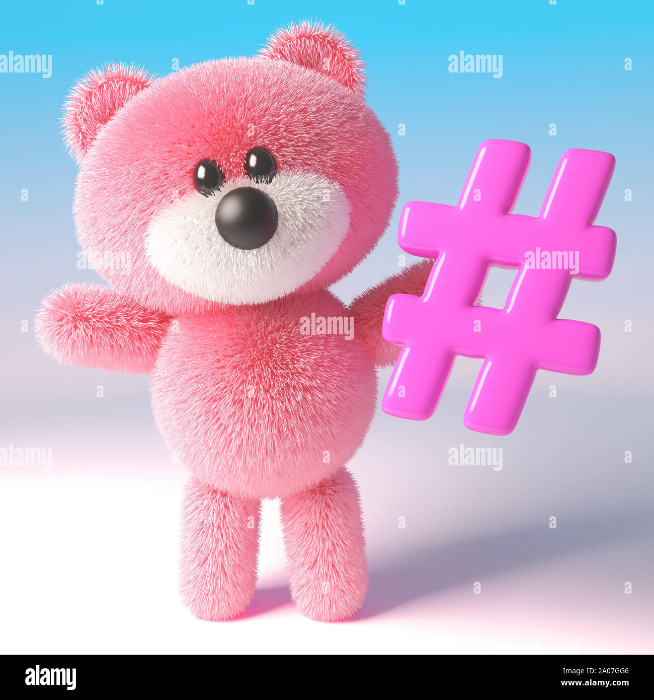 3d pink teddy bear character holding a pink social media hashtag hash ...