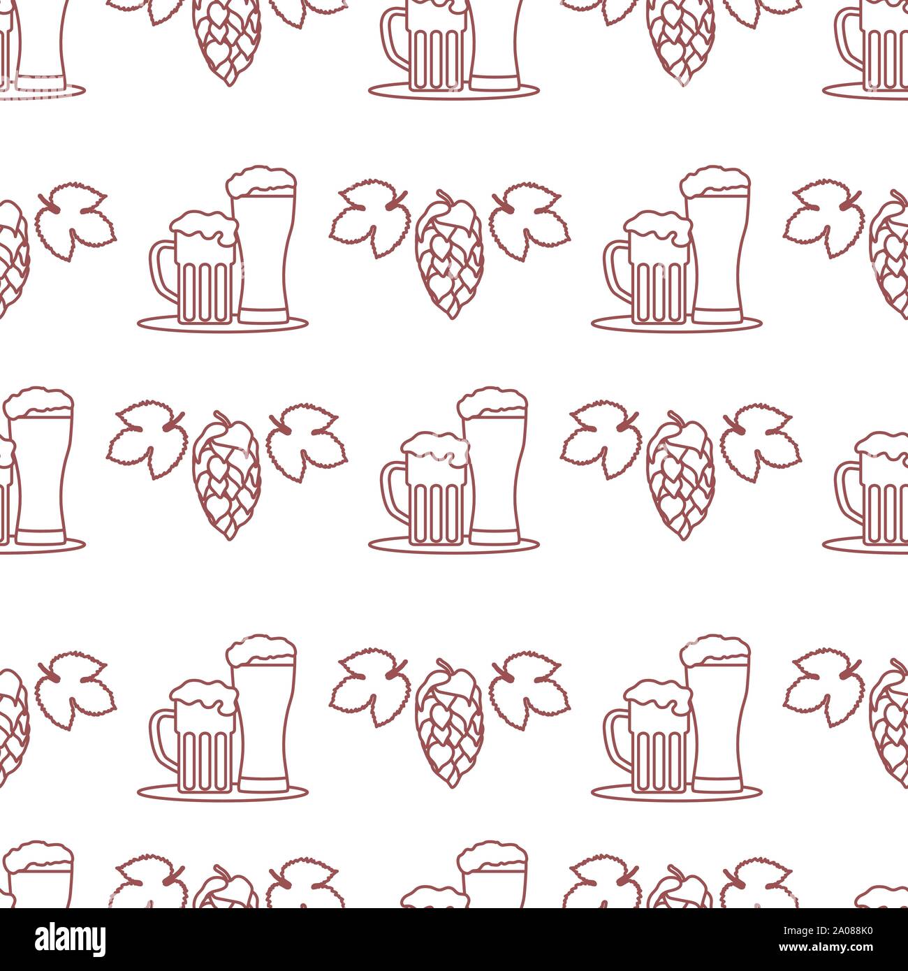 Festive seamless pattern with beer, mug, glass, hop cone, leaves. Beer ...