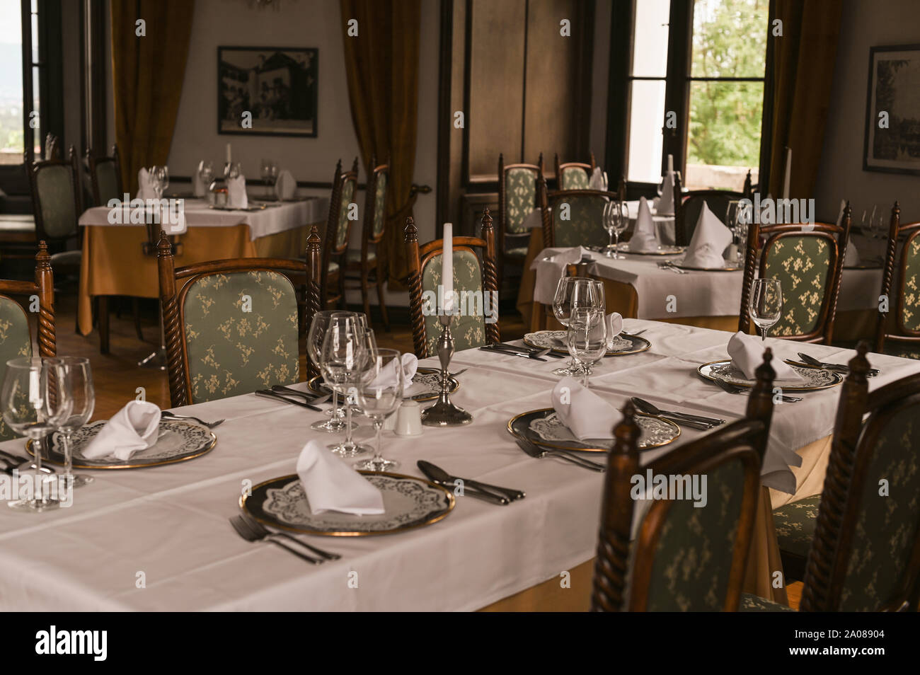 Interior of a classic restaurant in an old castle. Traveling in Europe ...