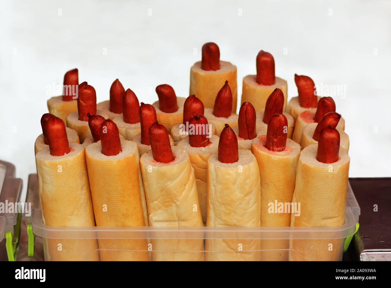 Closeup of street food french style hot dogs in a tray Stock Photo - Alamy