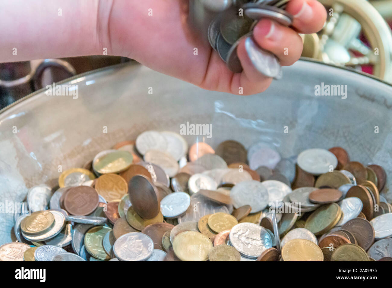 Old antique coins on display in antique shop Stock Photo - Alamy