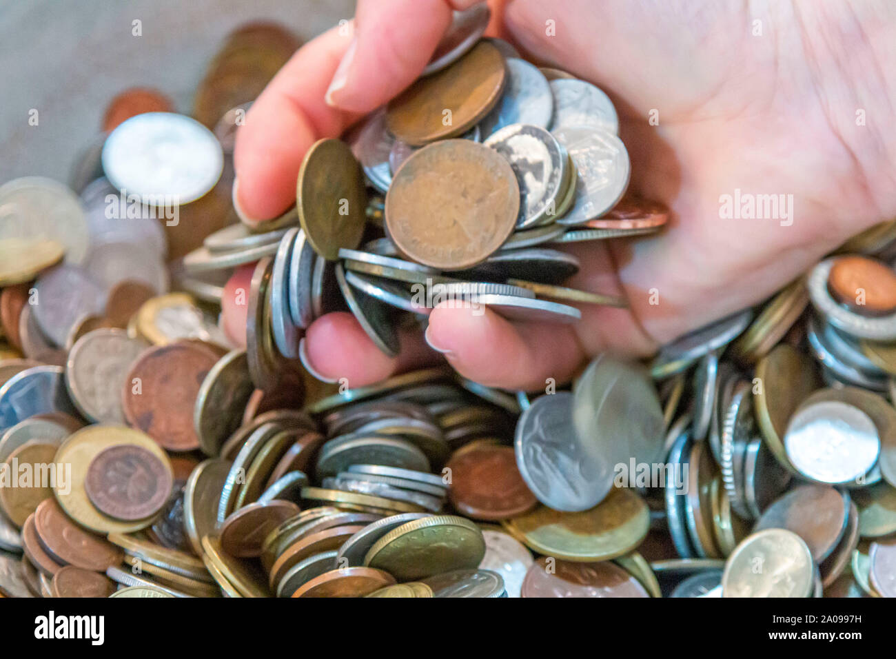 Old antique coins on display in antique shop Stock Photo - Alamy