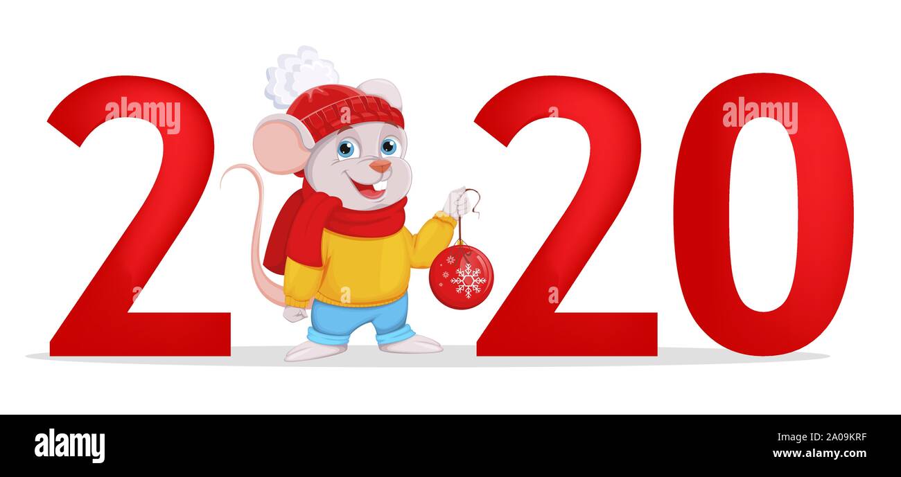 Happy New Year greeting card with number 2020 and funny rat on place of ...