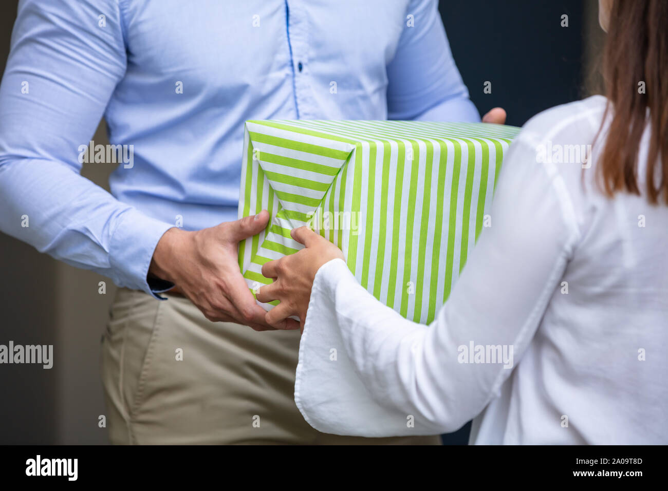 Rear View Of A Man Giving Gift Box To His Smiling Neighbor Standing At ...