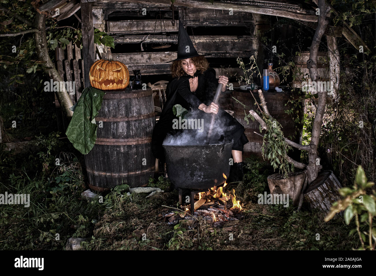 Old witch brewing deadly potion for Halloween in a cast iron pot Stock ...