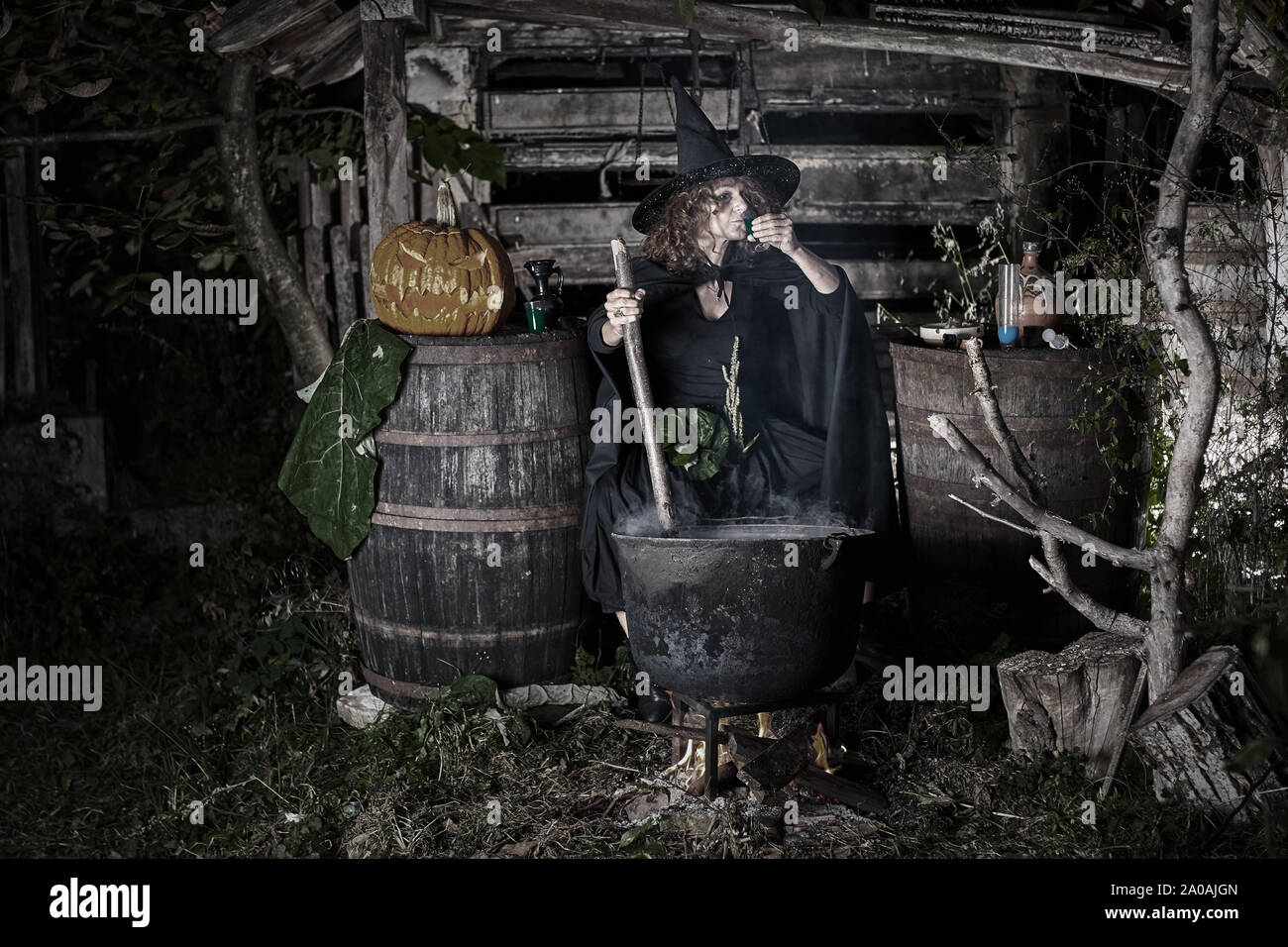 Old witch brewing deadly potion for Halloween in a cast iron pot Stock ...