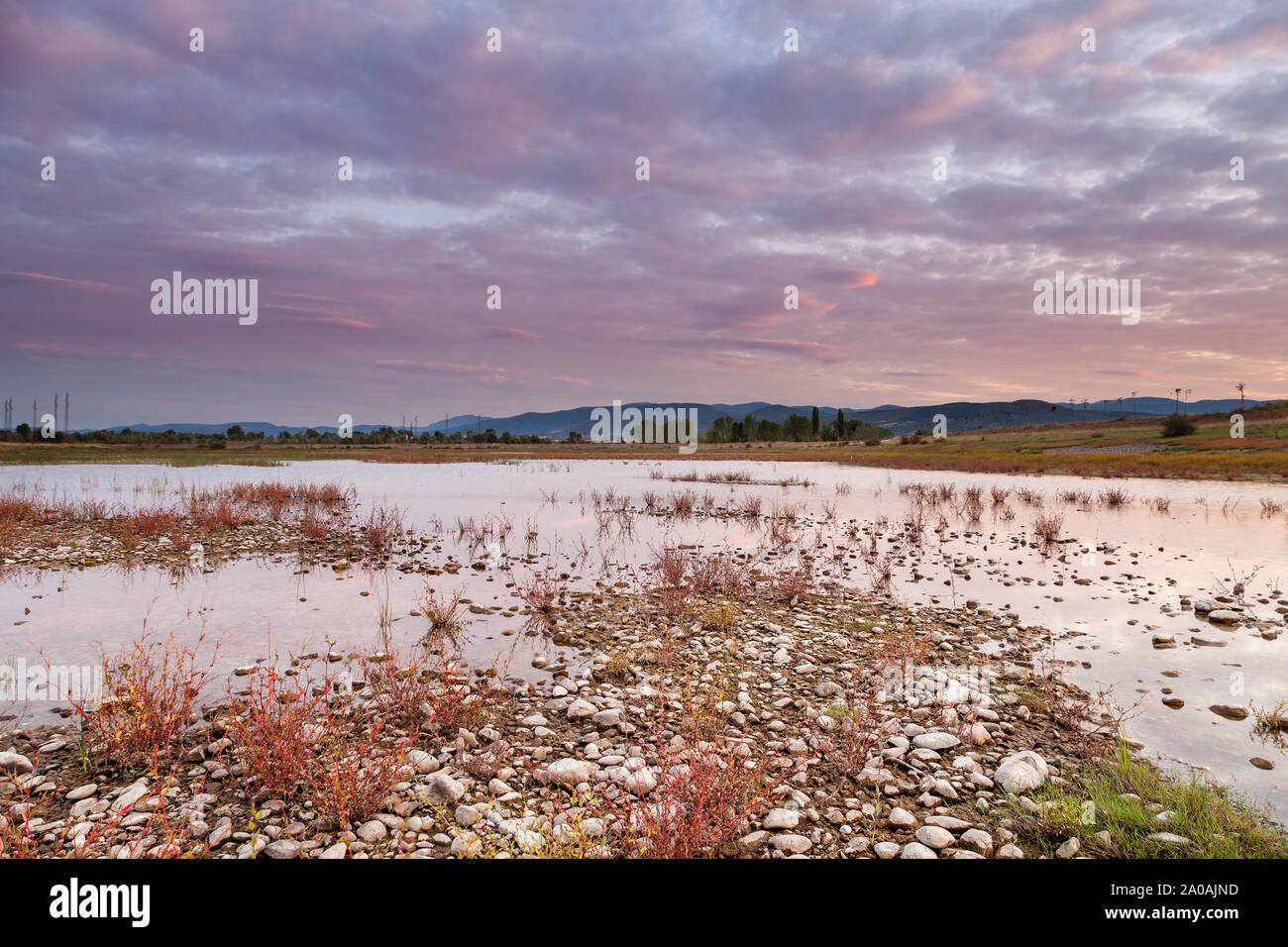 Foreground rocks and dry red plants in an almost dried up lake ...