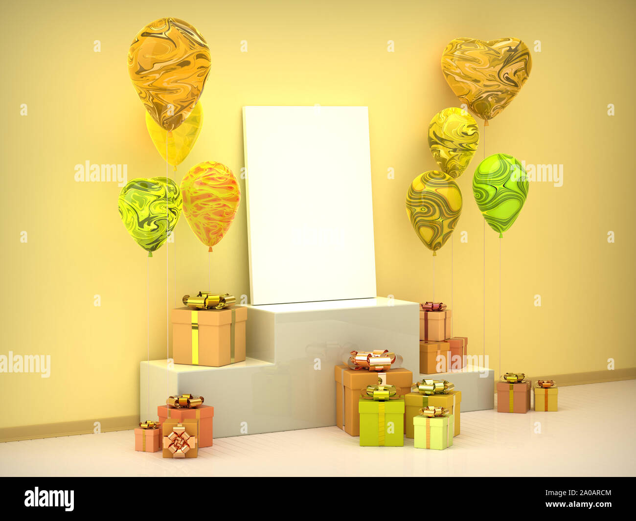 Mock up canvas poster print with colorful balloon, birthday gift and ...