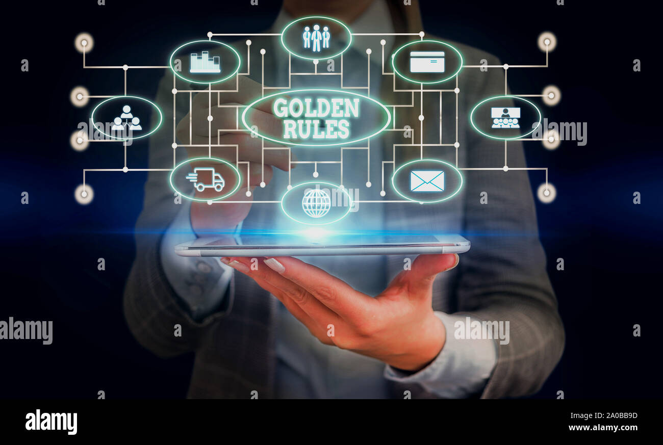 Conceptual hand writing showing Golden Rules. Concept meaning Basic principle that should be ...