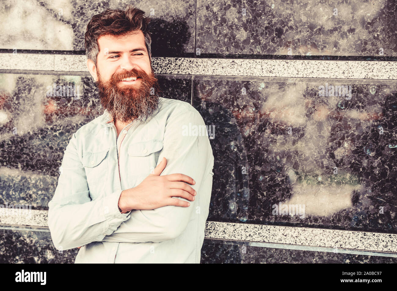 Beard grooming. Guy masculine appearance with long beard. Barber ...