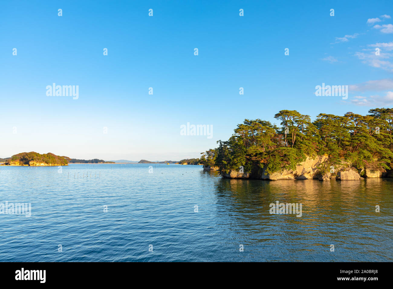 Matsushima Bay in dusk, beautiful islands covered with pine trees and ...