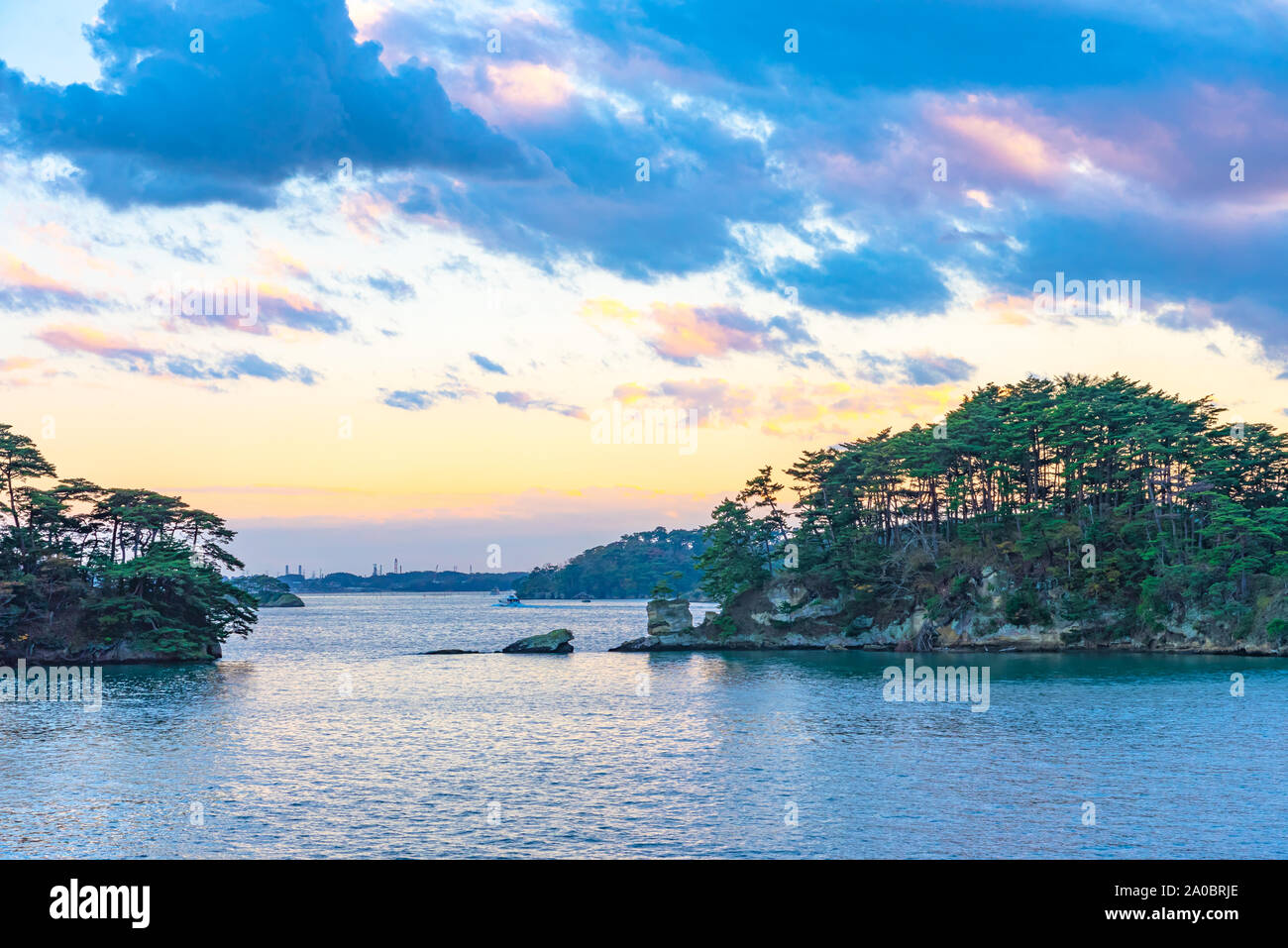 Matsushima Bay in dusk, beautiful islands covered with pine trees and ...