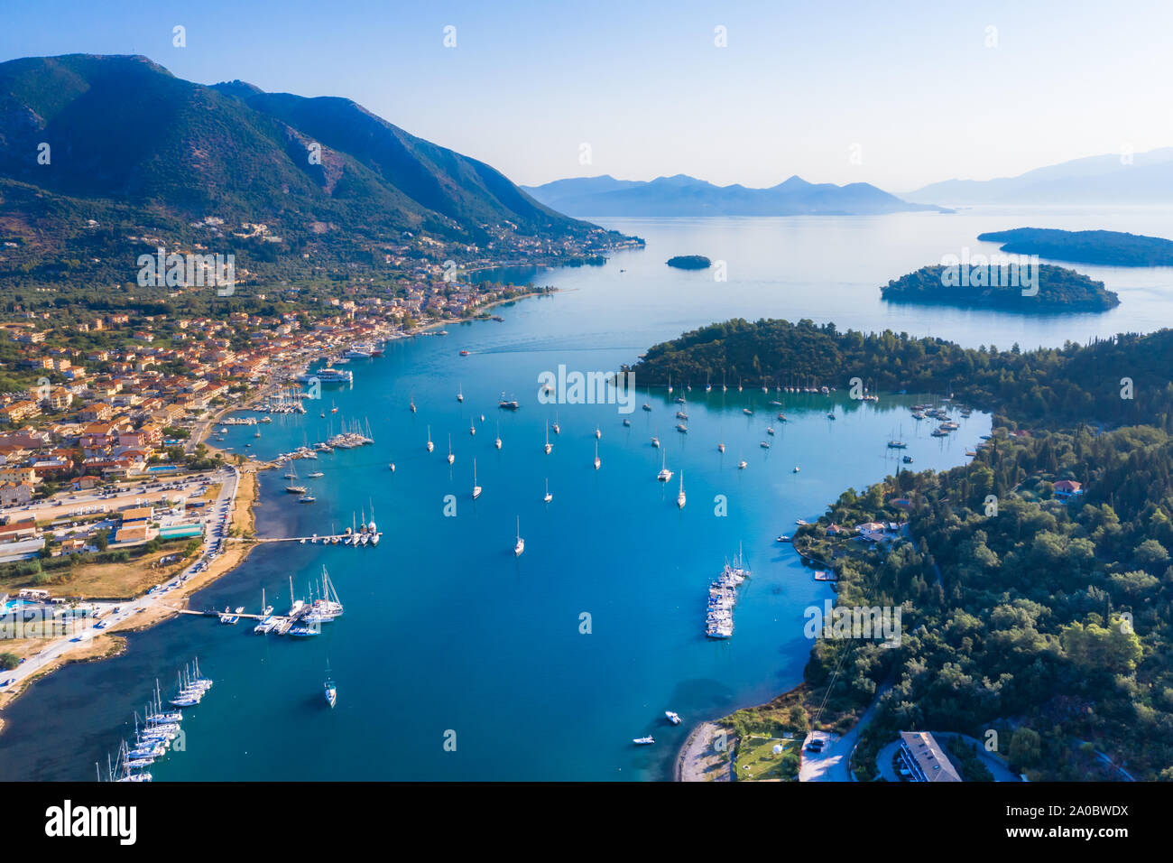 Aerial drone bird's eye view photo of iconic port of Nidri or Nydri ...