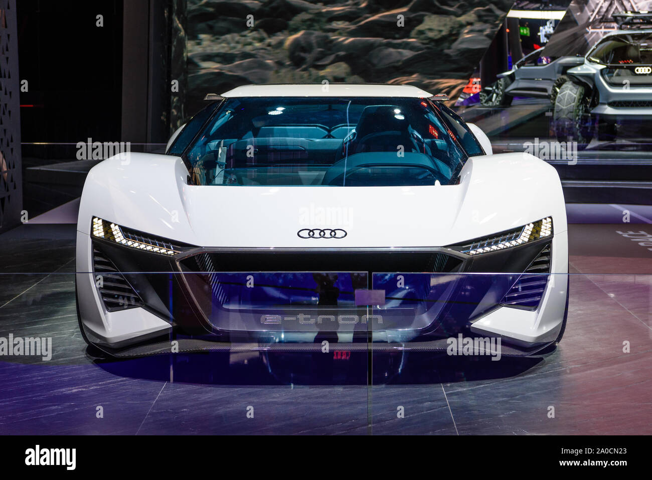 FRANKFURT, GERMANY - SEPT 2019: white electric AUDI PB18 E-TRON concept coupe car, IAA ...