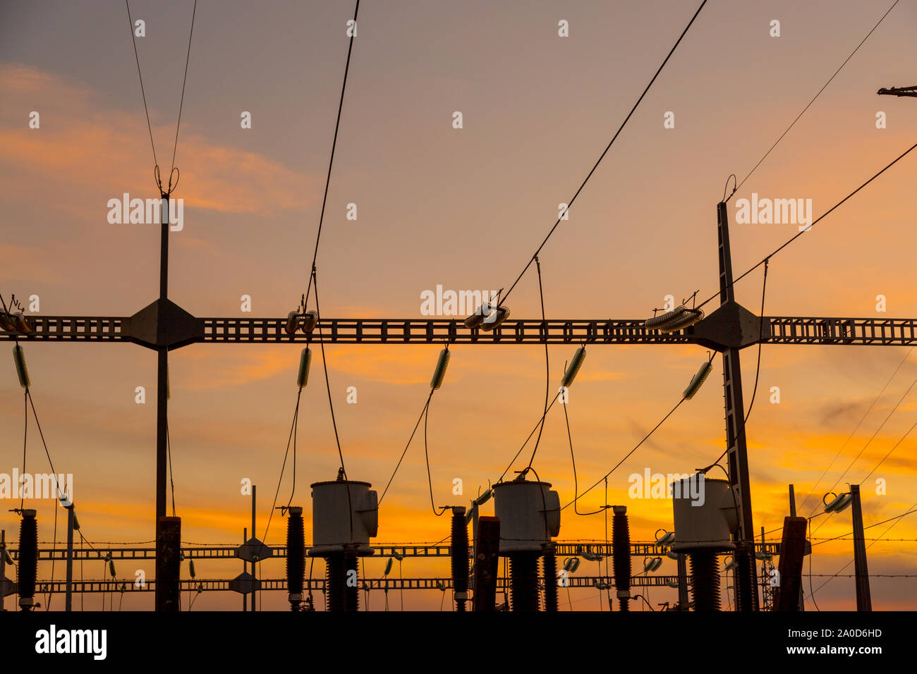 High voltage wire electrical energy plant producing electricity at ...