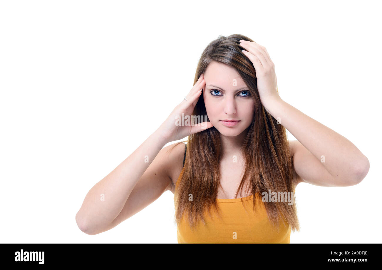 Young unhappy woman with severe headache holding forehead in pain Stock Photo - Alamy