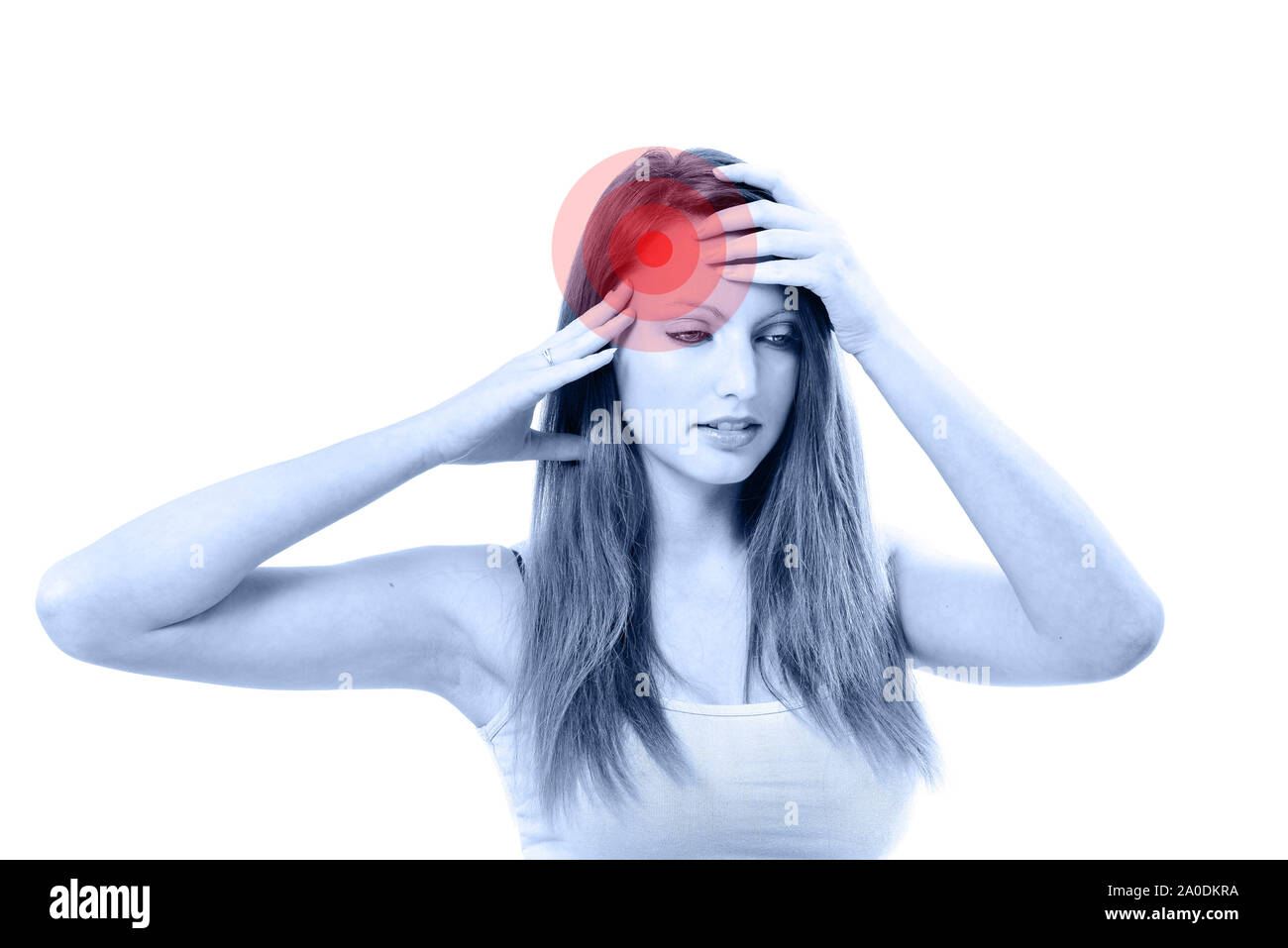 Young unhappy woman with severe headache holding forehead in pain Stock ...