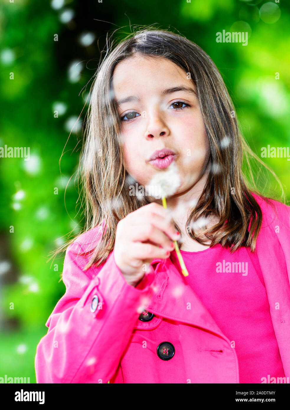 Summer portrait of cute child blowing on a flower standing in a park ...