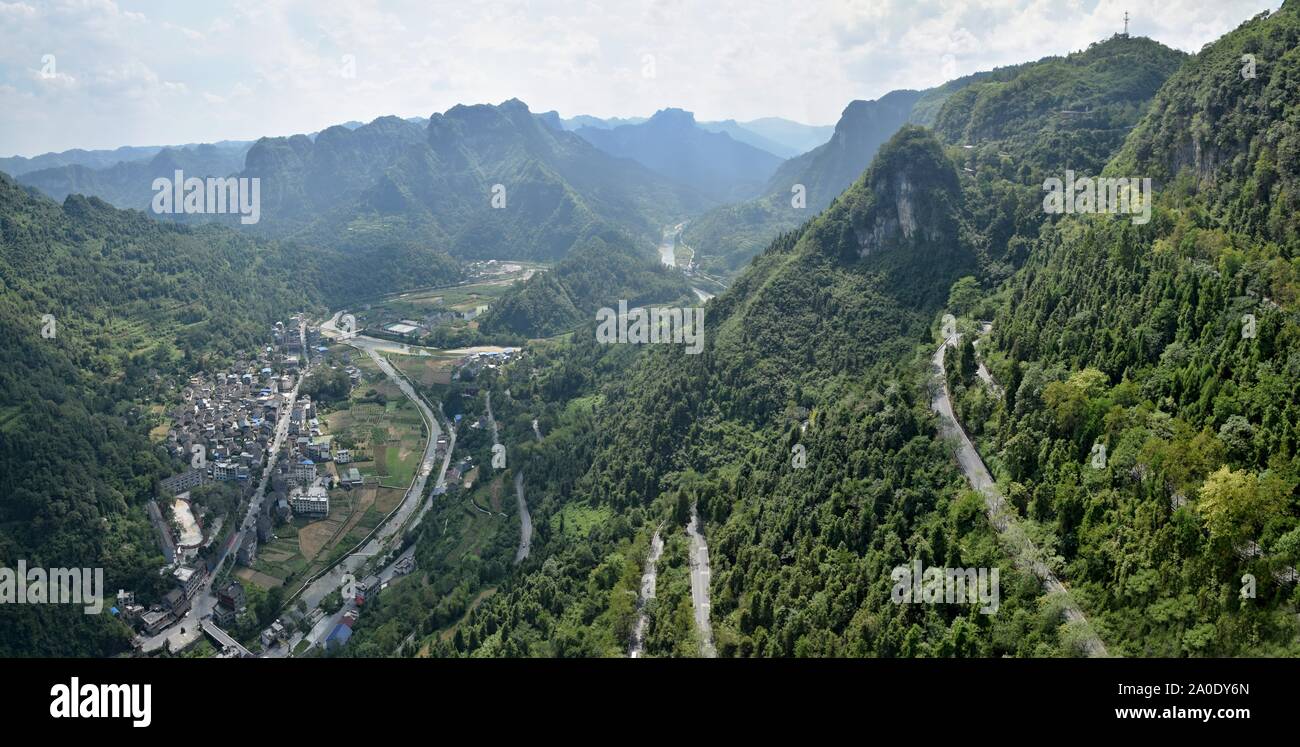 Mountainous landscape around well known Aizhai bridge in Hunan province ...