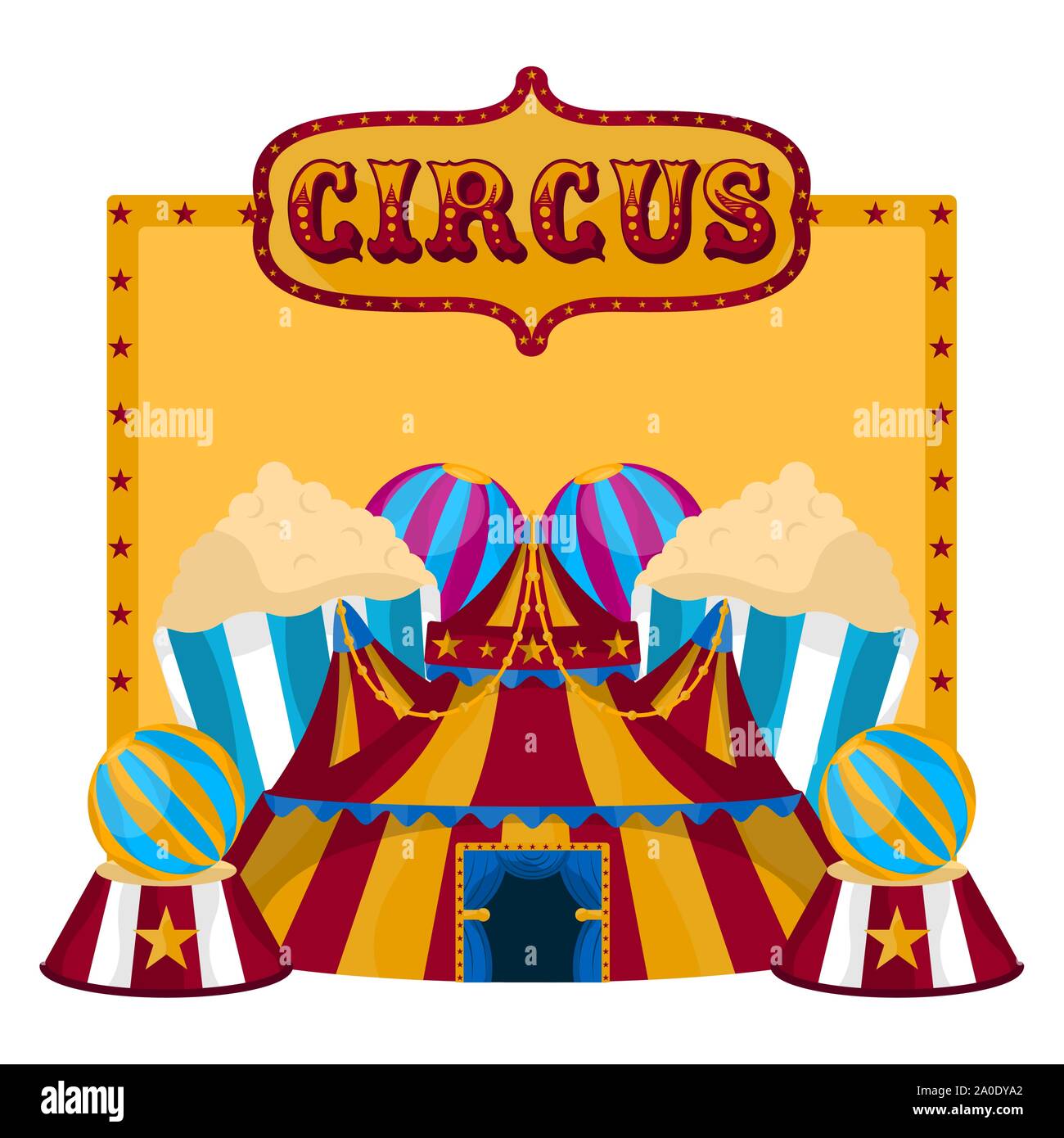 Group of circus tents with balls and popcorn snacks - Vector Stock ...