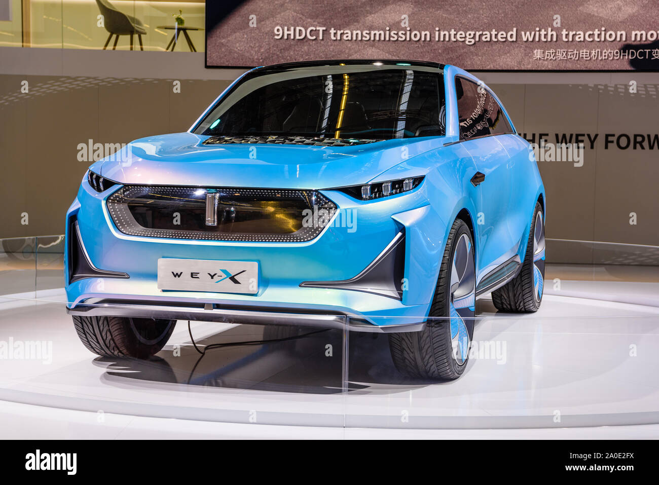 FRANKFURT, GERMANY - SEPT 2019: sky blue Great Wall Motors WEY-X Concept electric SUV Car, IAA ...