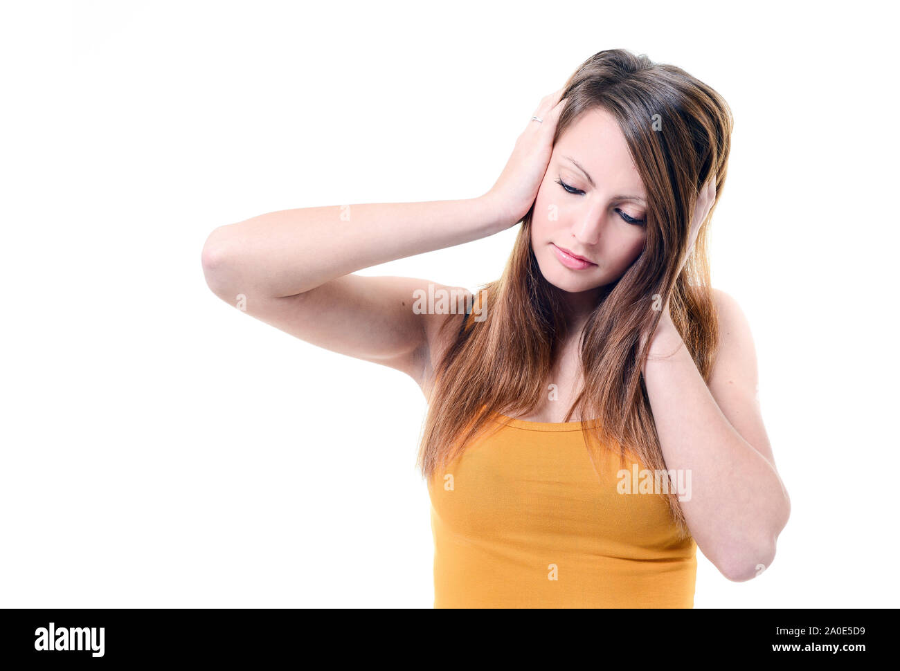 Young unhappy woman with severe headache holding forehead in pain Stock ...
