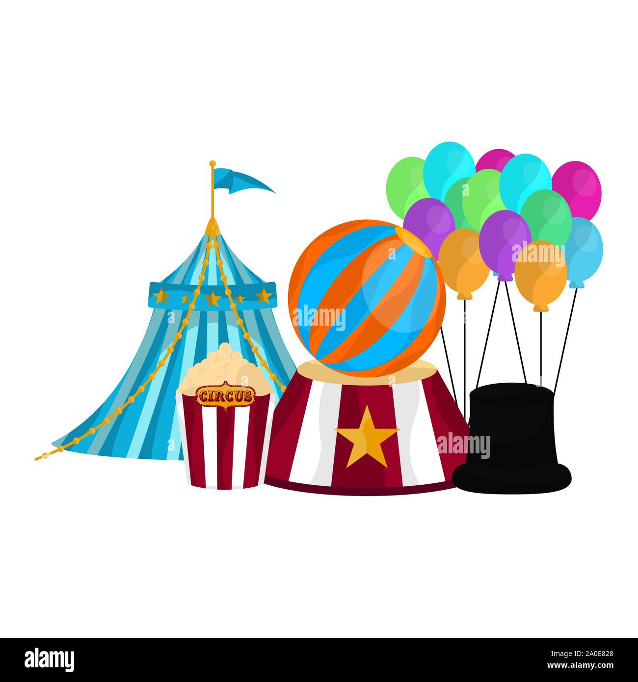 Circus tent with magician hat, balloons and a popcorn snack - Vector ...