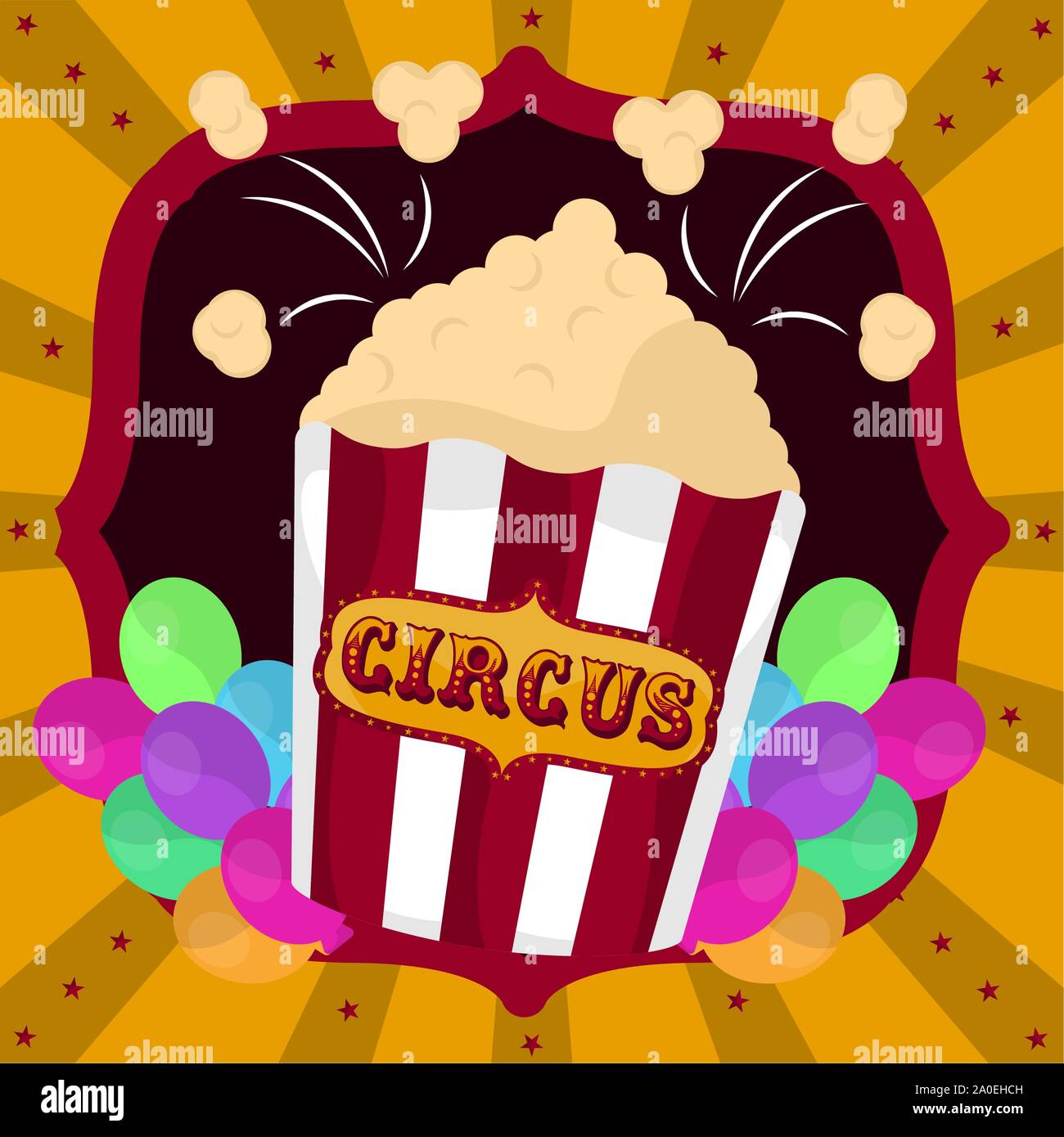 Circus popcorn snack and balloons on striped retro background - Vector ...