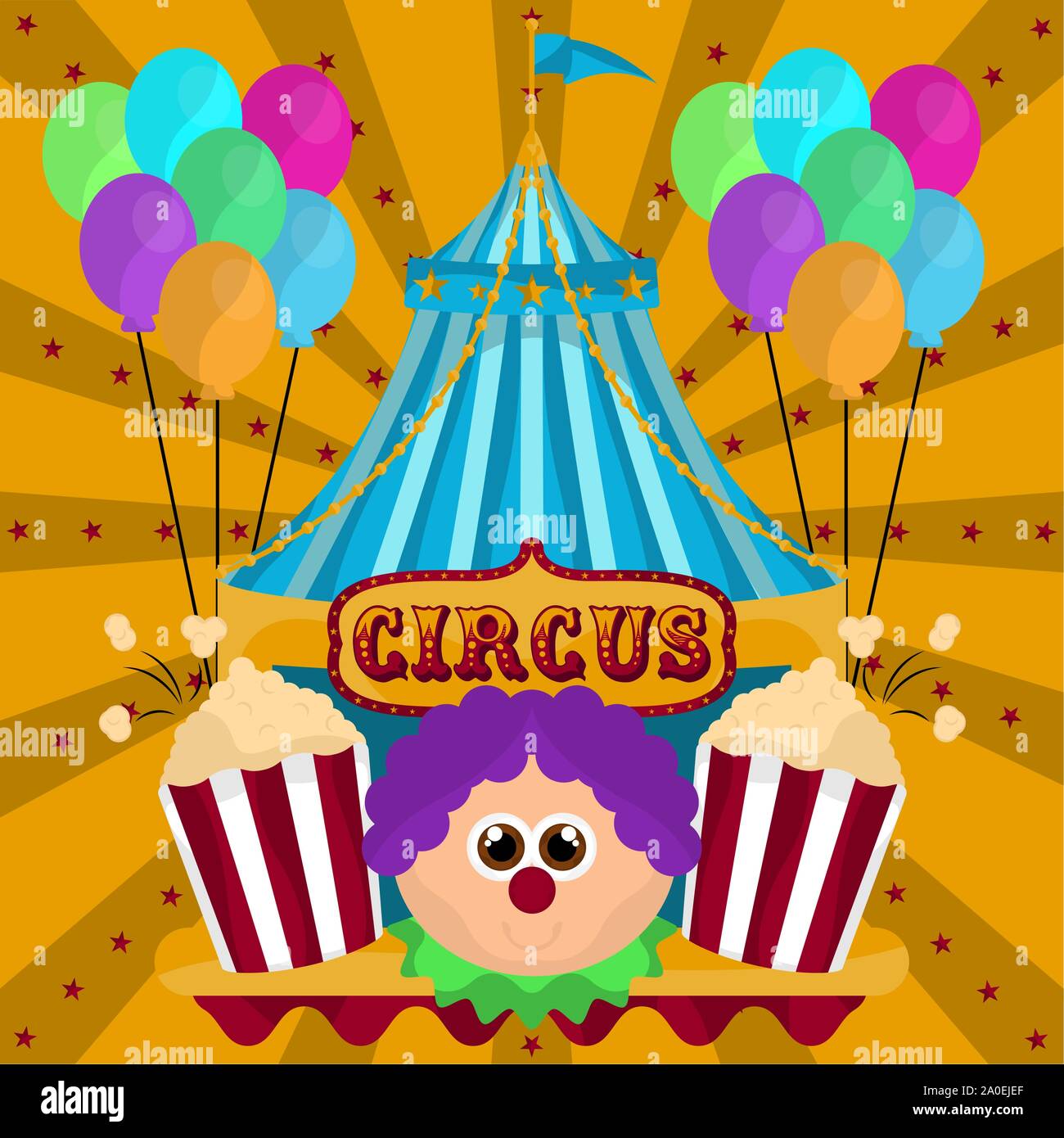 Clown avatar with a circus tent over a retro striped background ...