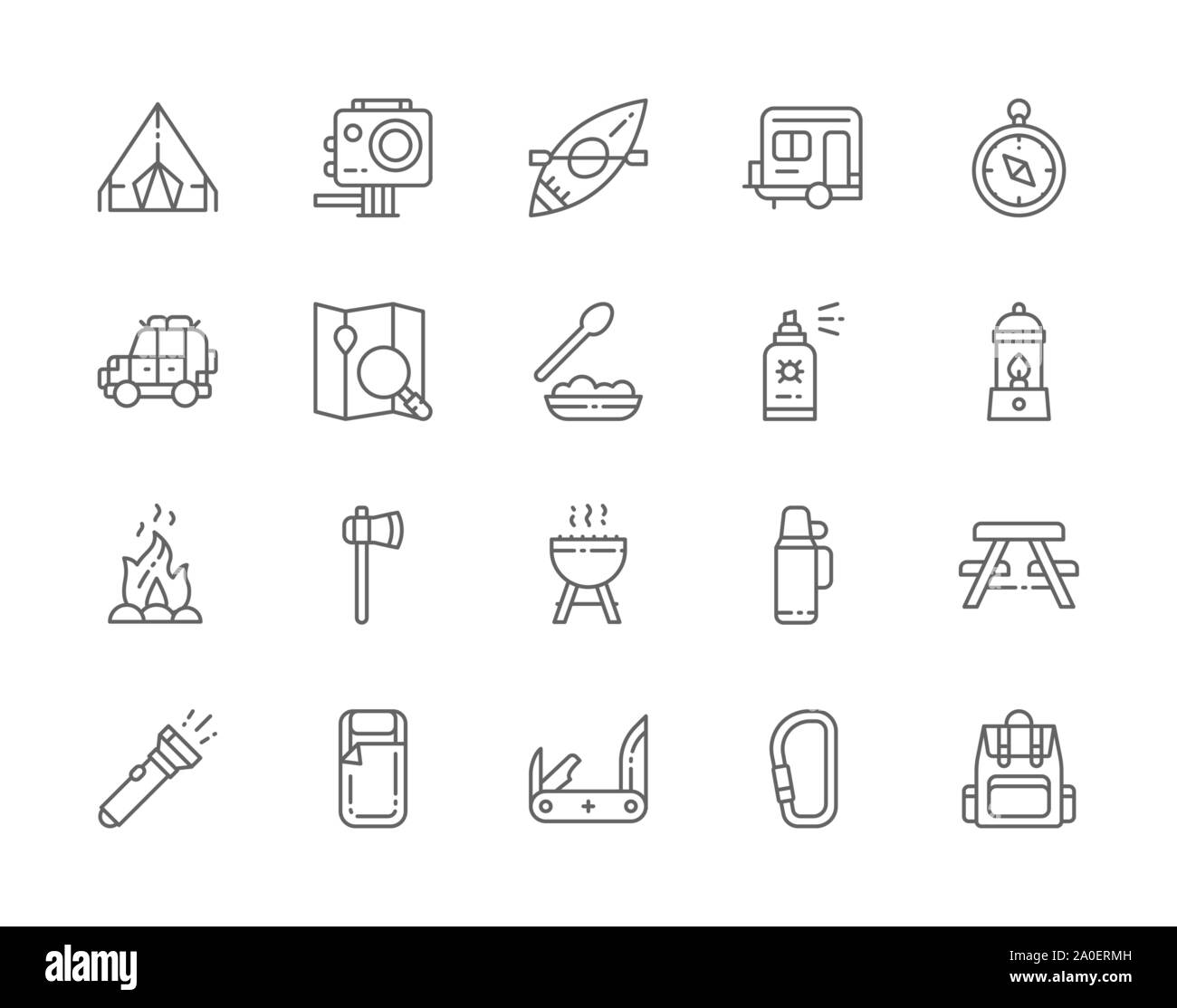 Set of Camping Line Icons. BBQ, Canoe, Trailer, Jackknife, Gas Lamp and ...