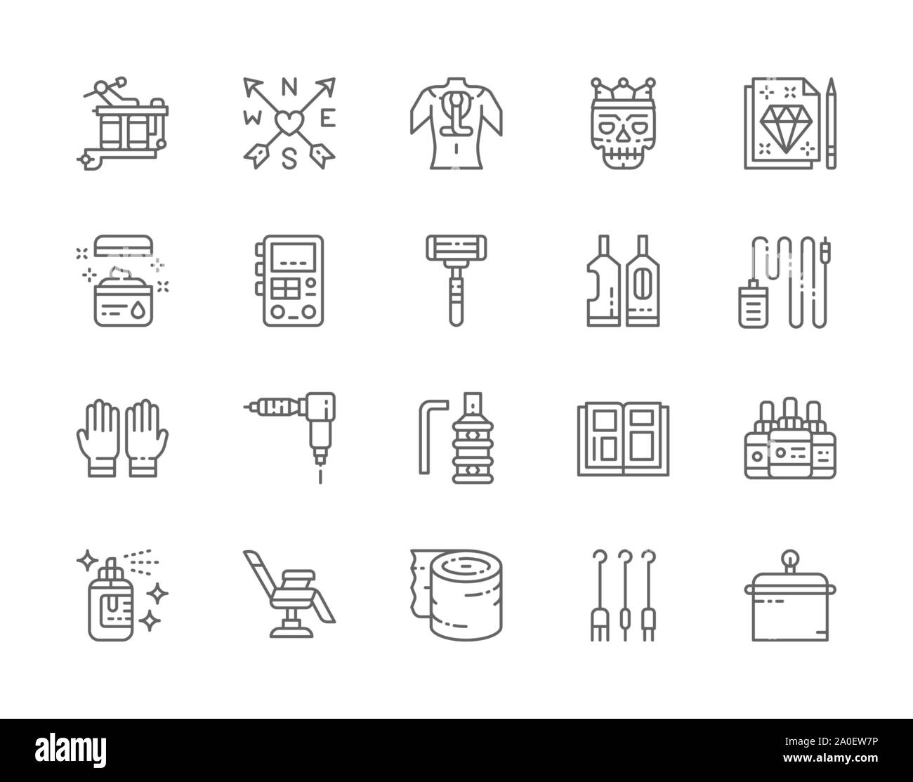 Set of Tattoo Studio Line Icons. Rubber Gloves, Vaseline, Ink Bottles ...