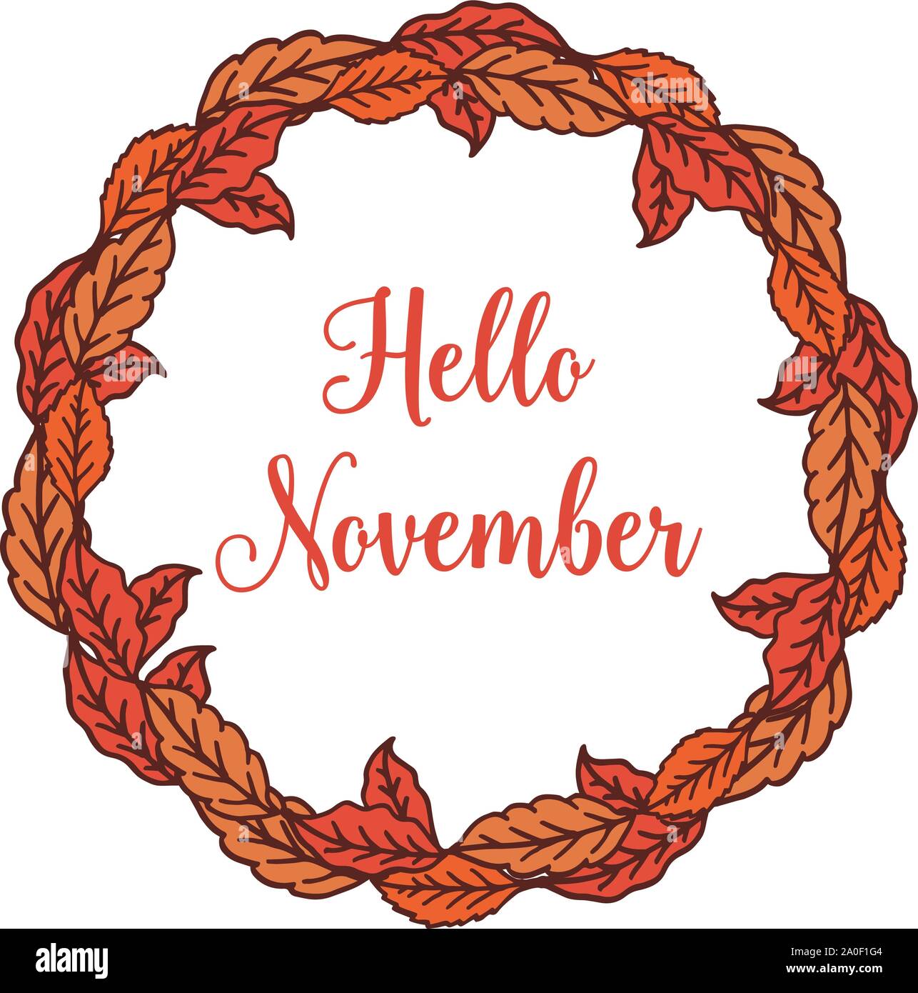 Concept card hello november with shape circle of leaf frame. Vector ...
