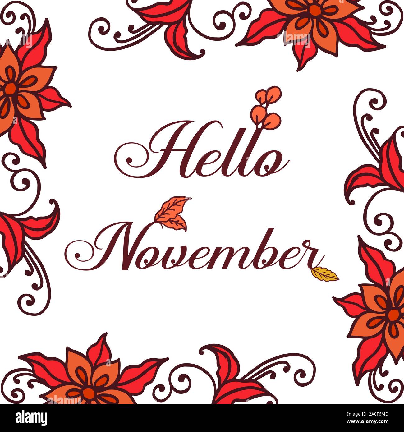 Hello november hand drawn, with texture of leaf flower frame. Vector ...