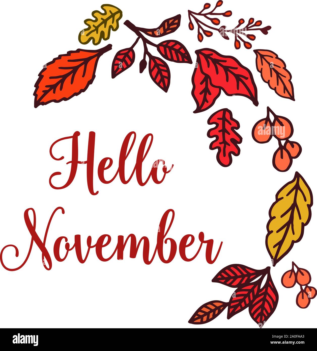 Lettering banner hello november, with ornament of autumn leaf frame ...