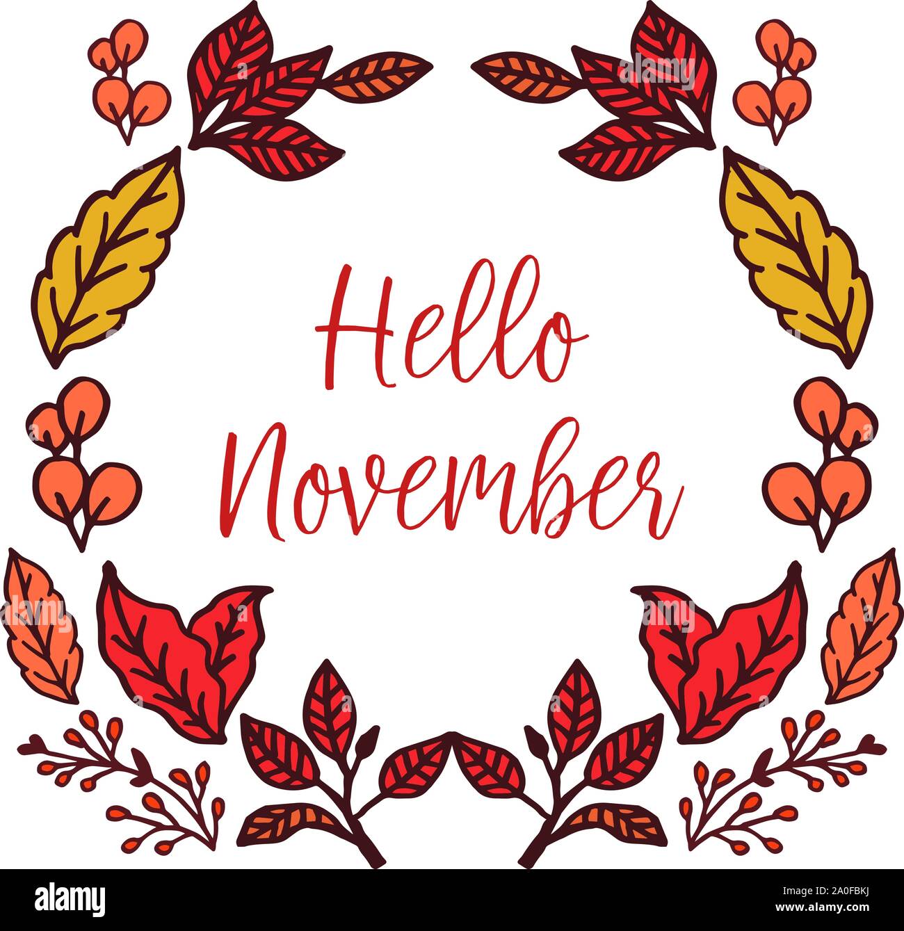 Concept card hello november with shape circle of leaf frame. Vector ...